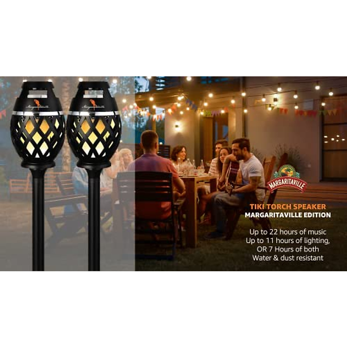 Margaritaville Tiki Torch - Waterproof Bluetooth Speaker, Portable Party Speaker with Flickering LED Lights, Perfect for Travel, Parties, Yards, and Pools (2 Pack)