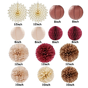 Brown Burgundy Champagne Boho Party-Decorations - 14pcs Rustic Wedding Paper Lanterns Fan,Tissue Pom Poms Streamers,Honeycomb,Fall Autumn Birthday Baby Bridal Shower Engagement Decor Lasting Surprise