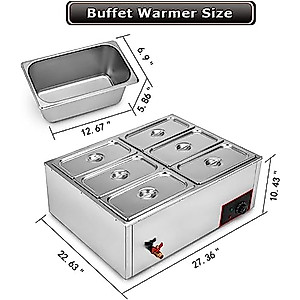 KFJZGZZ Electric Food Warmer 6 Pots, Commercial Countertop Stainless Steel Buffet Wet Well Sauce Food Warmer Steam Table Temperature Control Range 30-85°C with Covers, Drain Tap