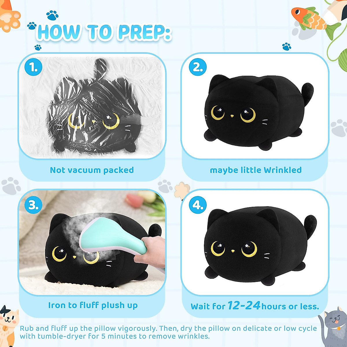 Mewaii Black Cat Plush, Cute Cat Plushies Toy, Soft Kitten Plushie Cuddle Pillow, Anime Plushie Doll, Cute Stuff Toys Gift for Girls, Boys and Males (8 Inch)