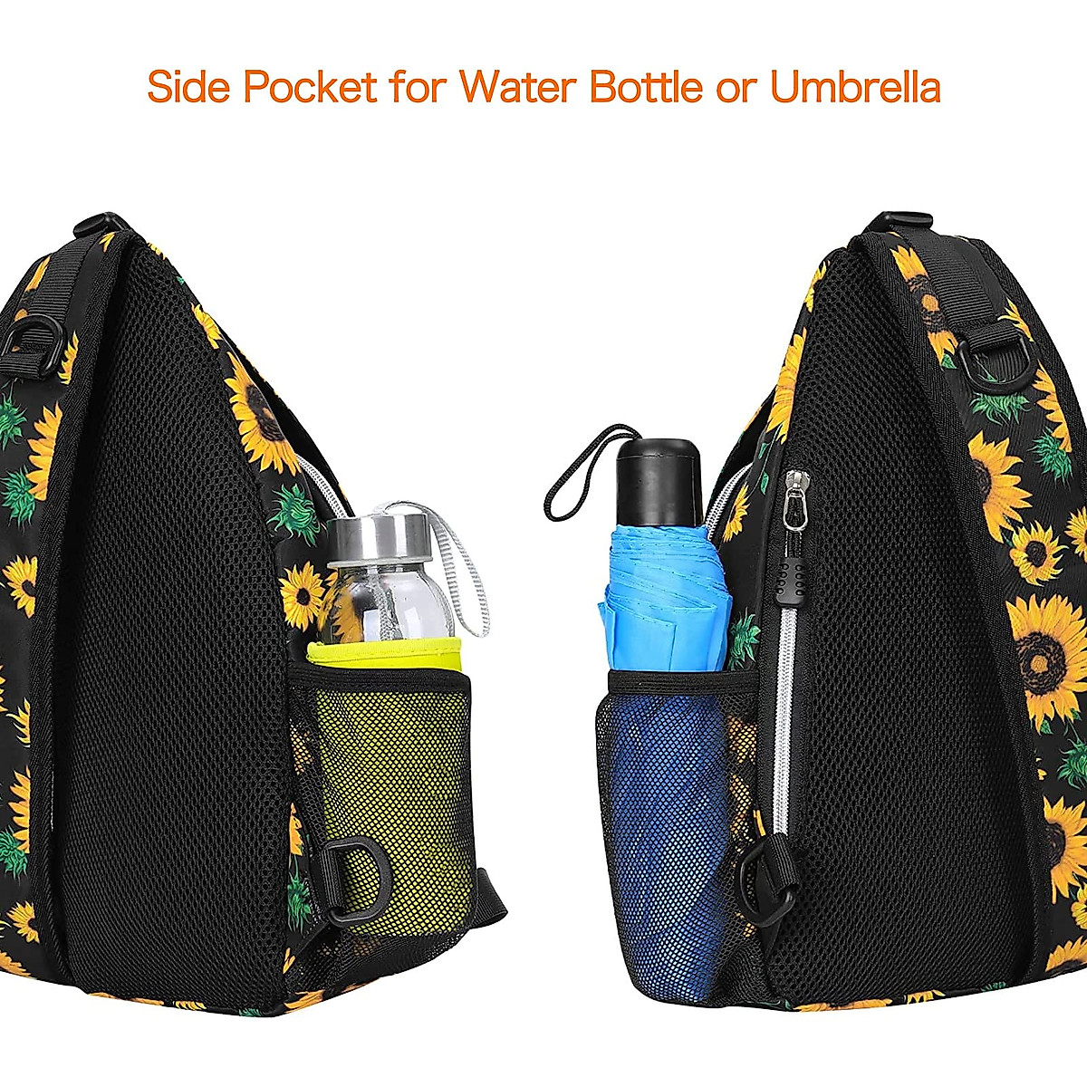 MOSISO Mini Sling Backpack, Small Travel Hiking Daypack Sunflower Rope Crossbody Shoulder Bag, Black