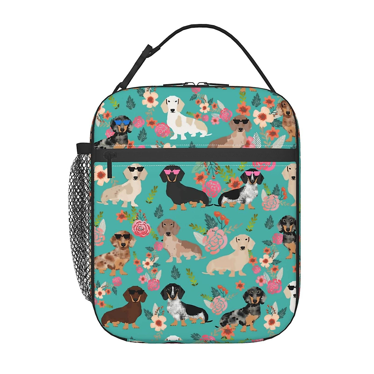 wzialfpo Dachshund Dog Flowers Florals Lunch Box Insulated Lunch Bags Zipper Lunch Bag Cooler Tote Bag For Boys Girls Teens Men Women Office Picnic Travel