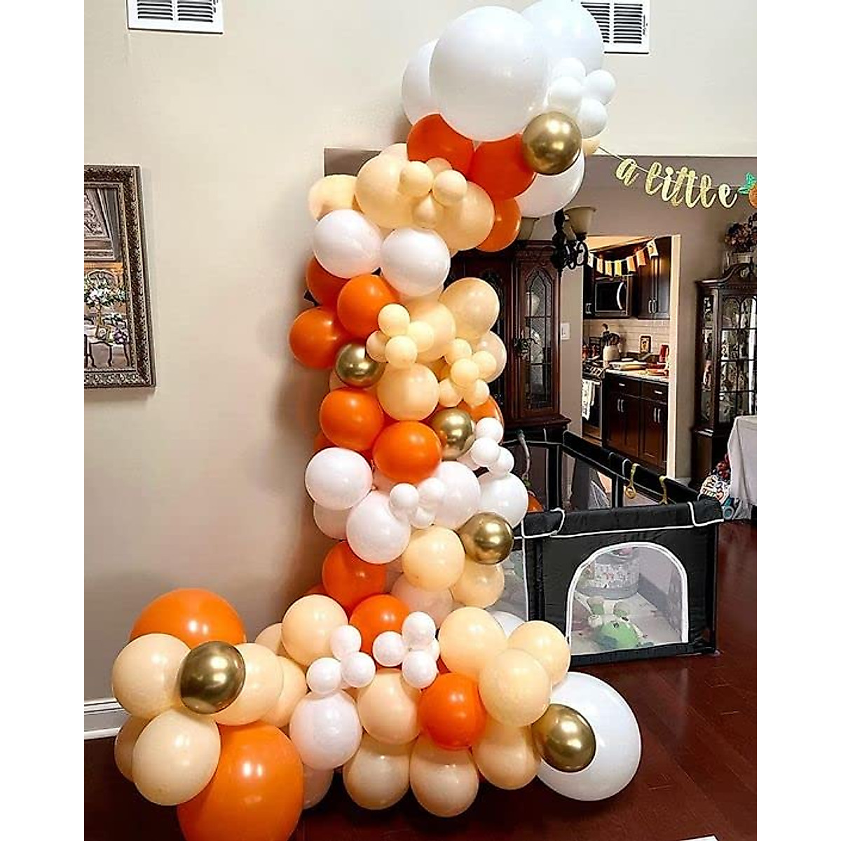 DUBEDAT Orange White Gold Balloon Garland Little Cutie Baby Shower Decorations with Eucalyptus,Orange and White Balloons,Gold Balloons for Girls Birthday,Baby Shower,Gray and Peach Wedding