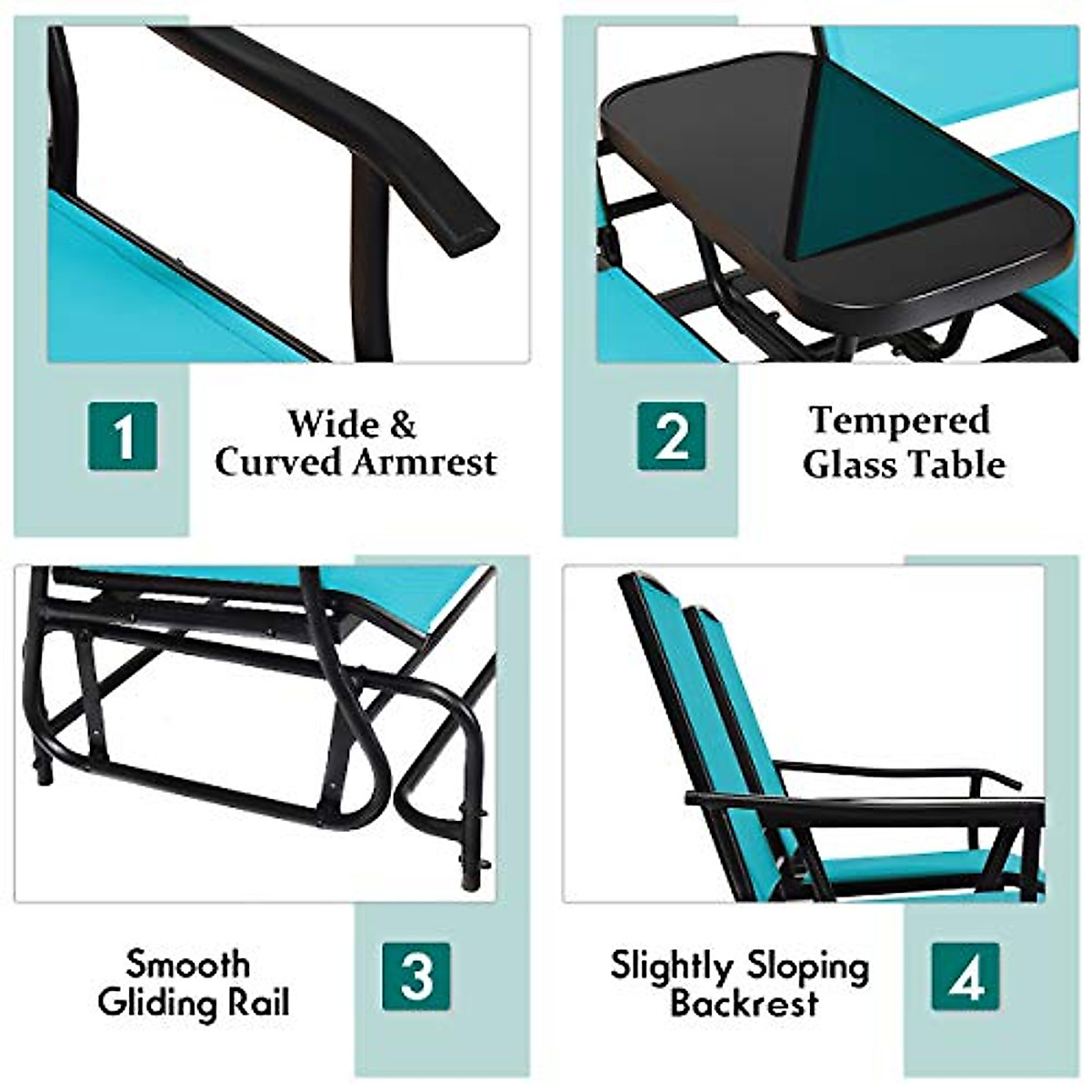 Giantex Patio Bench Glider Chair with Metal Frame, Center Tempered Glass Table, Outside Double Rocking Swing Loveseat for Porch, Garden, Poolside, Balcony, Lawn Rocker Outdoor Glider Bench(Turquoise)