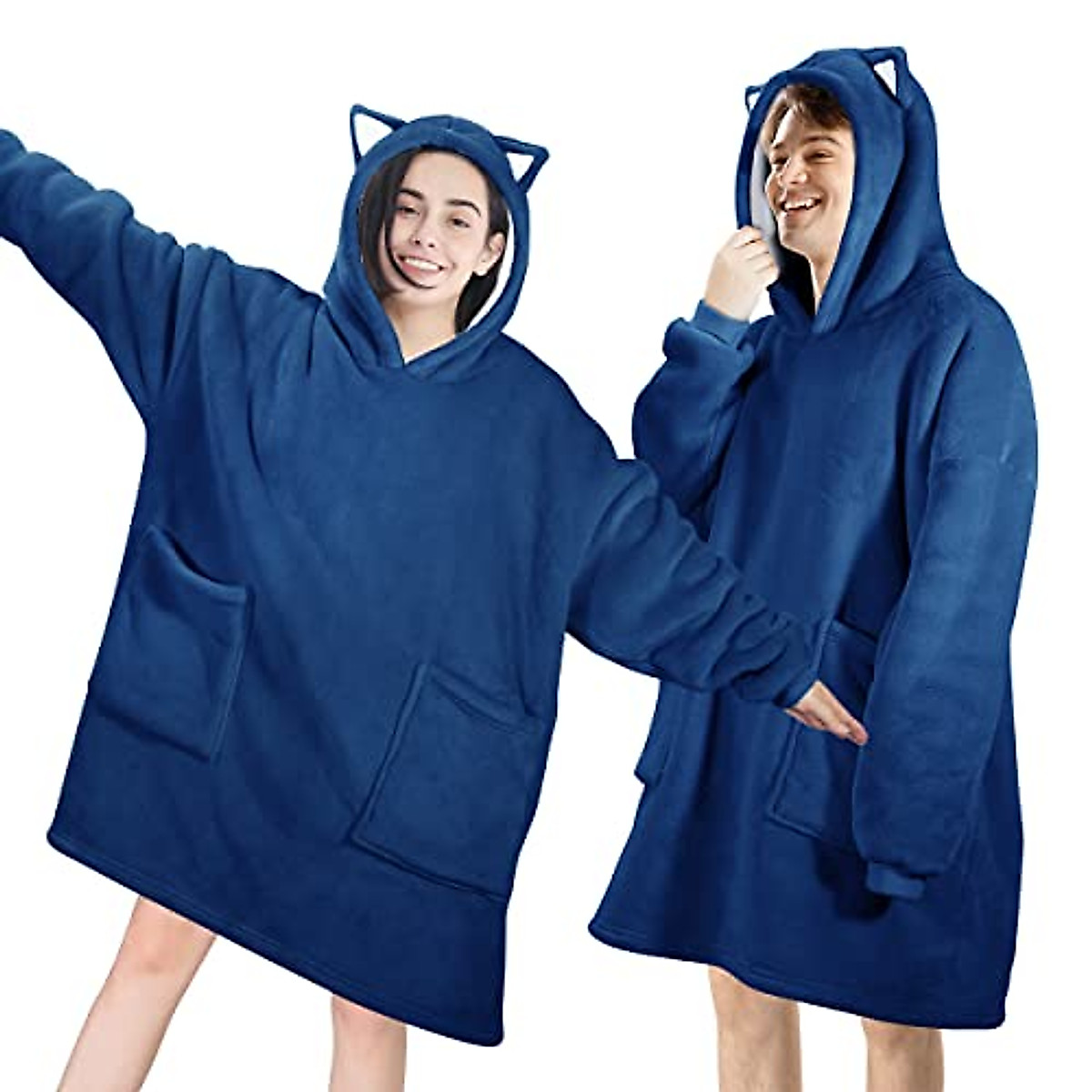 FBSPORT Wearable Blanket Hoodie, Oversized Blanket Sweatshirt for Women Men Adults Teens, Super Soft Warm Flannel & Sherpa Sweatshirt Blanket with Pocket, Blue