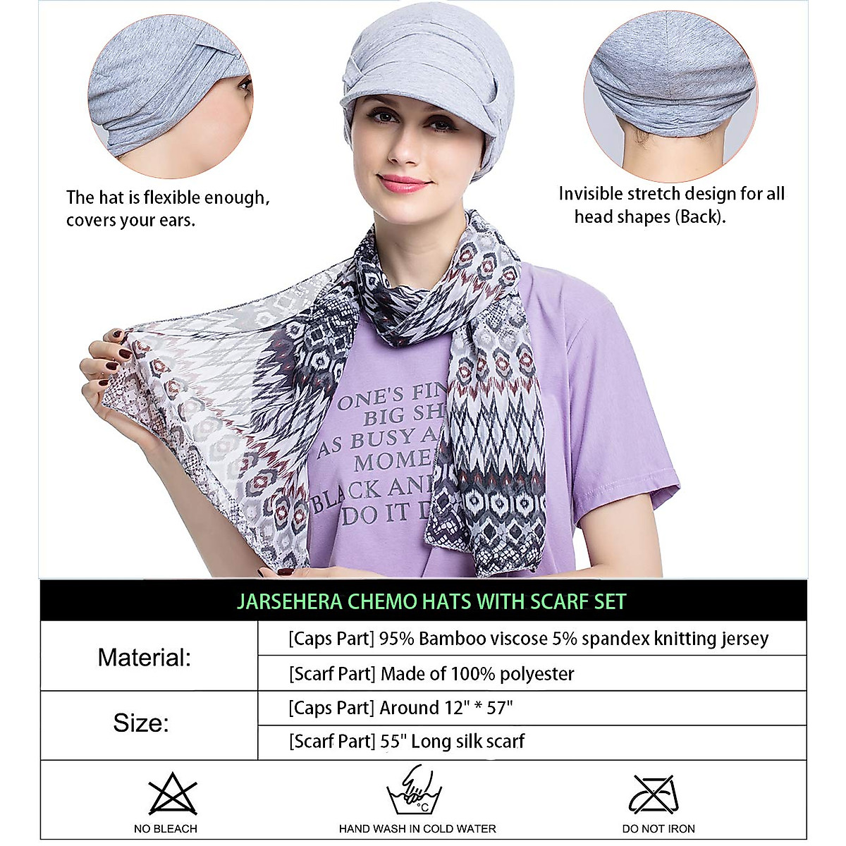 JarseHera Chemo Hats for Women Bamboo Cotton Lined Newsboy Caps with Scarf Double Loop Headwear for Cancer Hair Loss Light Gray
