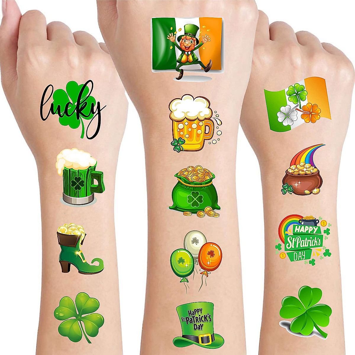 EGMBGM 49 PCS St. Patrick's Day Tattoos Stickers For Kids Women Men, 3D Green Shamrock Temporary Tattoos St Patricks Day Irish Party Favor, Saint Patricks Day Accessories Lucky Clover Tattoos Adults