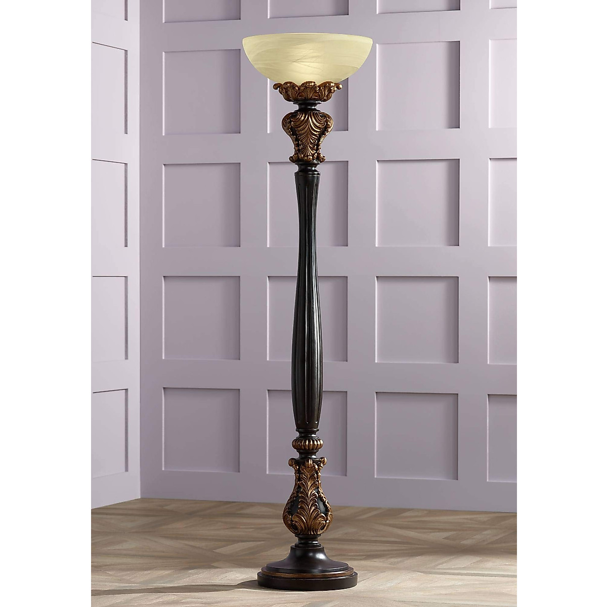 Barnes and Ivy Rita Traditional Victorian Torchiere Floor Lamp 75" Tall Carved Wood Amber Glass Shade Foot Dimmer Standing Light for Living Room Reading House Bedroom Home Office