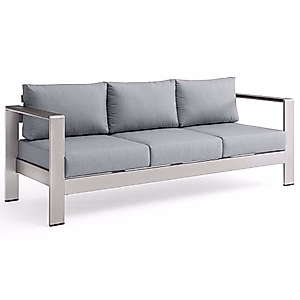 Modway Shore Aluminum Metal Outdoor Patio Sofa With Silver Gray All-Weather Cushions