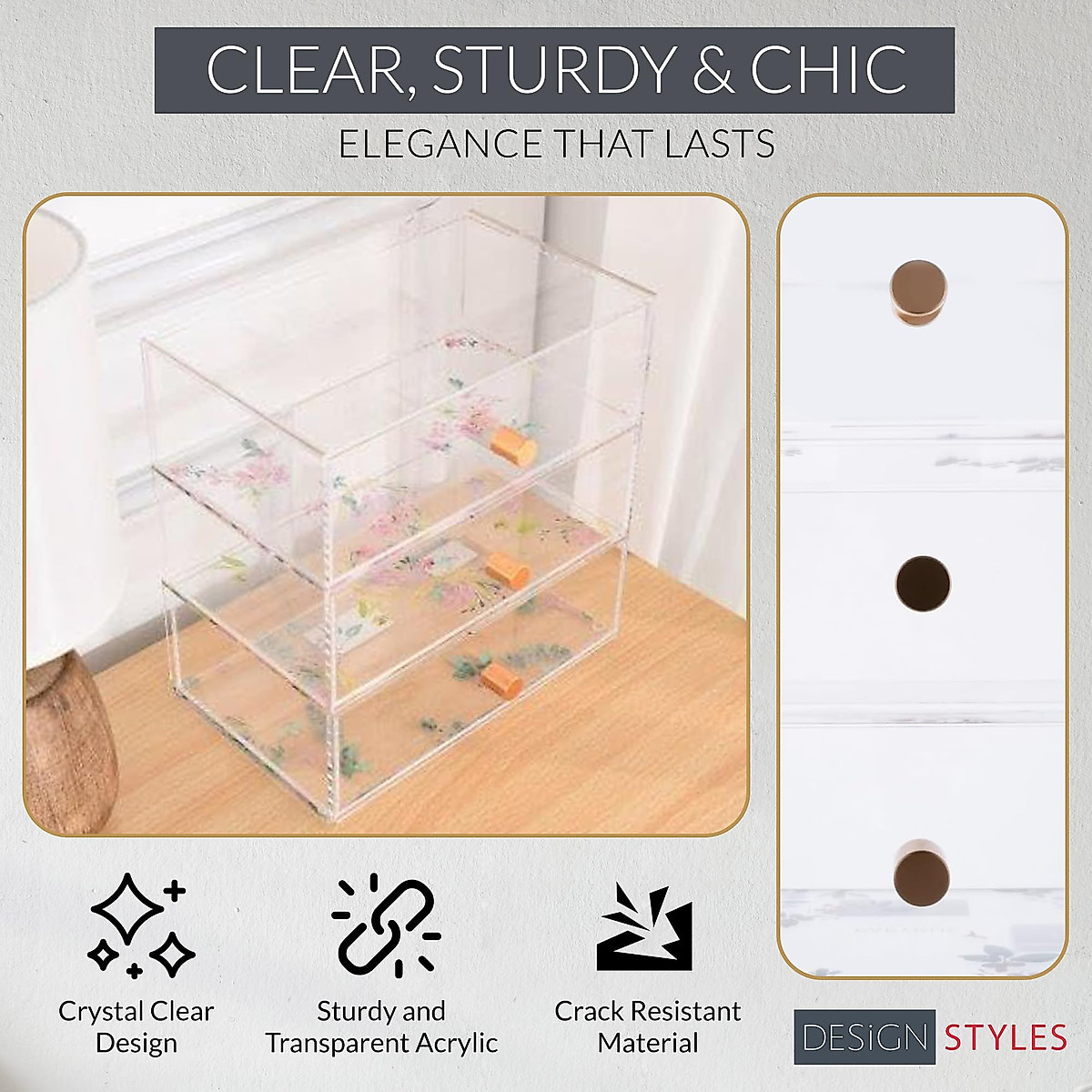 Papyrus Acrylic Vanity Organizer – 3 Drawer Desk Organizer with Gold Drawer Pulls – Clear Drawers for Bathroom, Desk, Vanity – Small Storage Cabinet