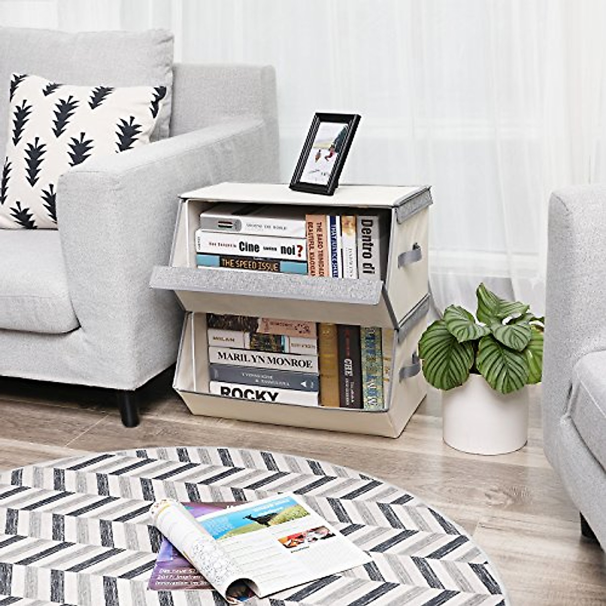 SONGMICS Large Bins with Lids and Handles, Stackable Storage Organizers with Linenette and Oxford Fabric for Clothes and Kid’s Toys, Set of 2, Gray and Beige URLB03GE