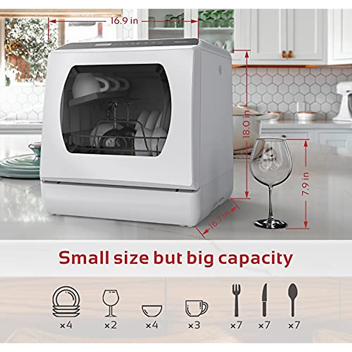 Portable Countertop Dishwasher, 5 Washing Programs Mini Dishwasher with 5L Built-in Water Tank & Inlet Hose, Baby Care & Fruit Wash for Small Apartment, Dorms, RVs -White