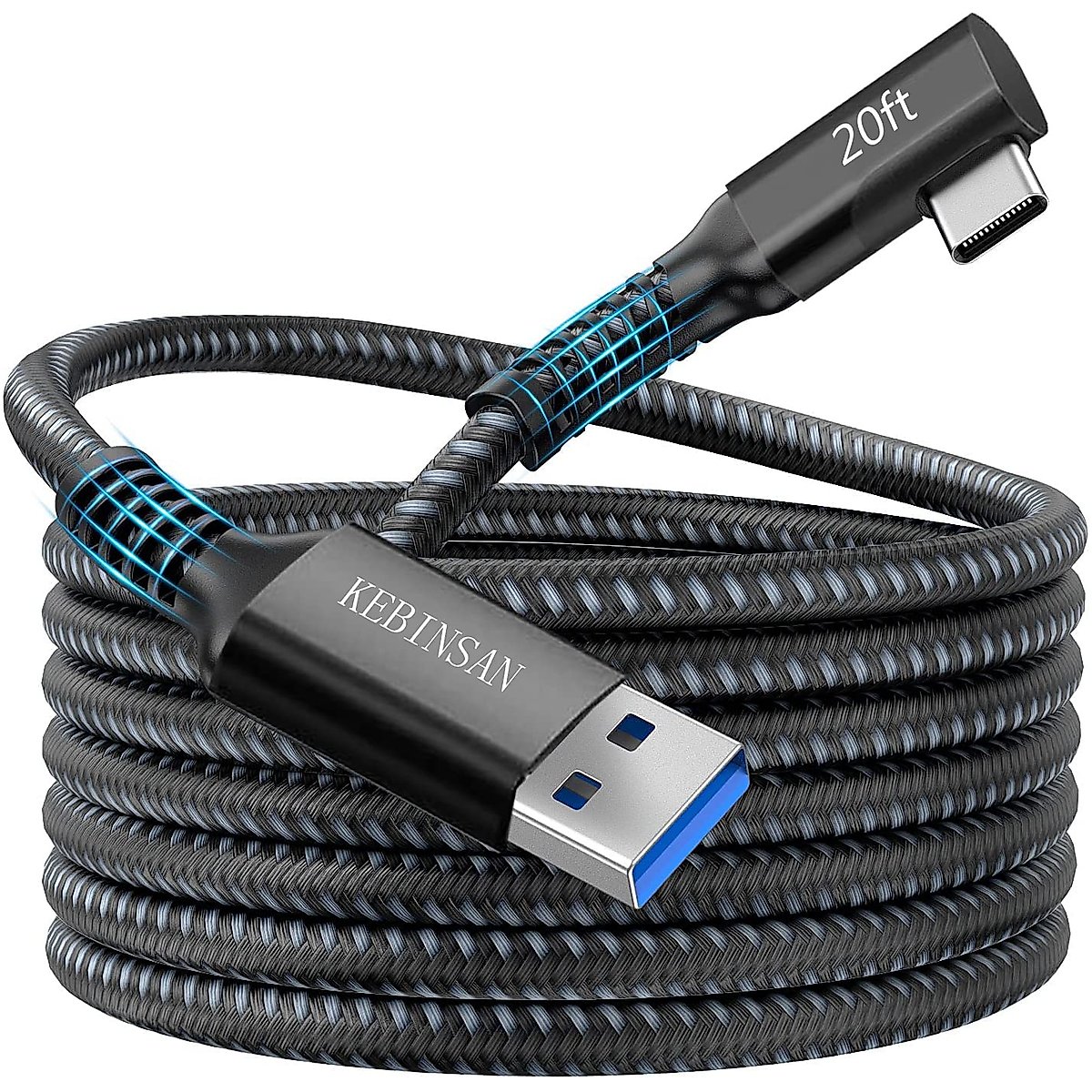20FT Oculus Quest 2 Link VR/Virtual Reality Headset Cable for PC Gaming，USB 3.2 Gen1 5Gbps Type C to USB Type A ，High Speed Data Transfer & Fast Charger for Quest 2 and Quest