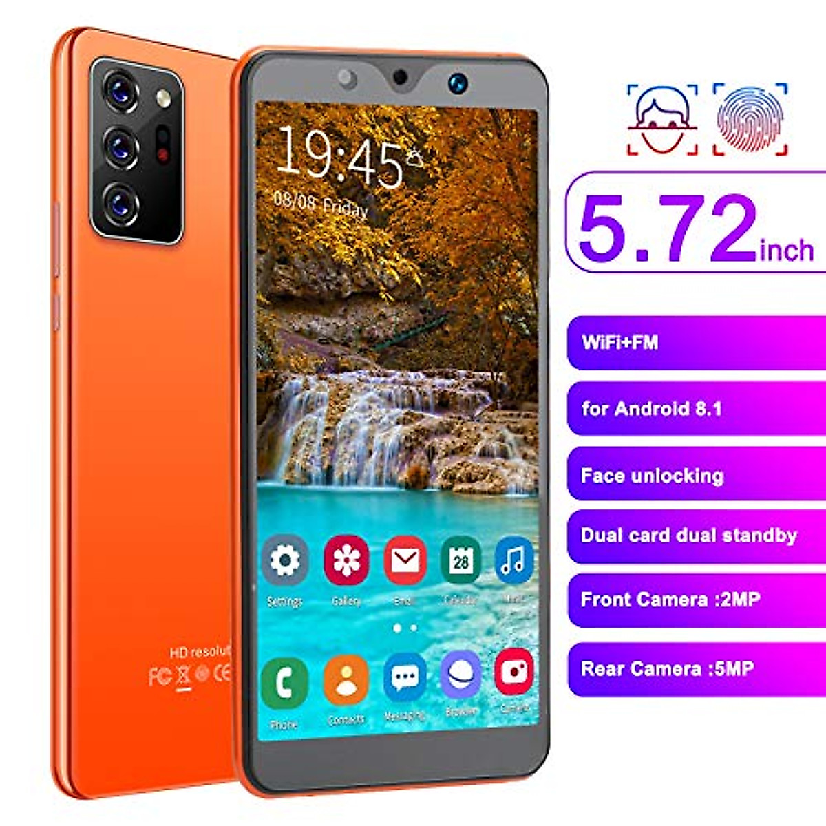3G Unlocked Smartphone , Note30 Plus 5.72in HD Full Screen Cell Phone , Support APP Face Recognition for Android 8.1 Fingerprint Unlock Smartphone , 512M 4G , Dual SIM Dual Camera Orange
