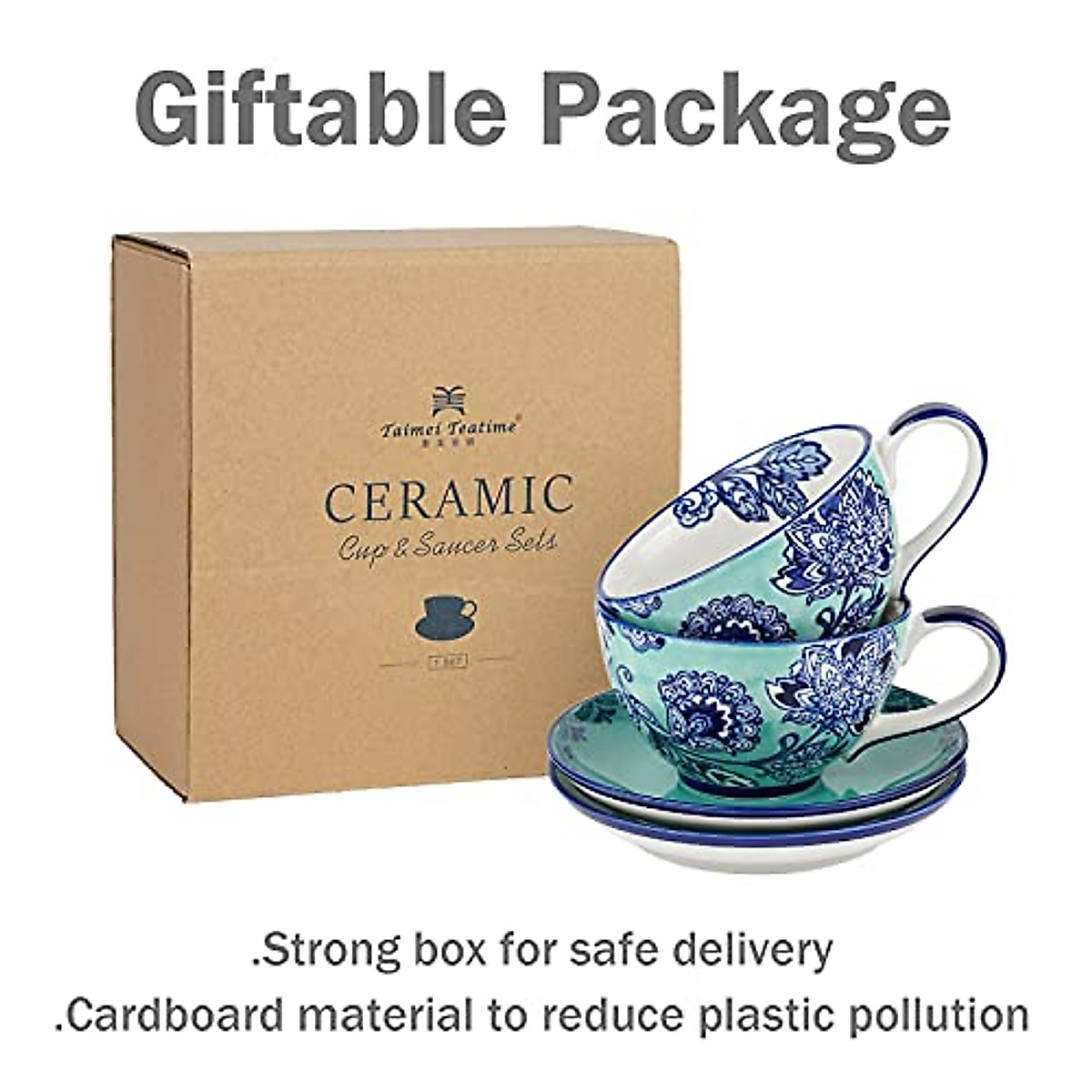 Taimei Teatime Ceramic Coffee Cups and Saucers,10.8oz Tea Mugs with Plates of 2, Green Handpainted Floral Large Tea Mugs for Tea, Cappuccino, Latte or Americano