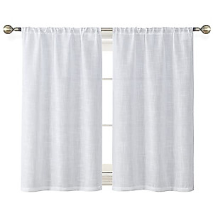Home Queen White Sheer Burlap Linen Cafe Curtains, Semi Sheer Drapes for Kitchen Window Over Sink, 45 Inch Length 2 Pack