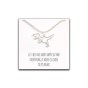 Happy Kisses Dinosaur T-Rex Necklace - Cute Pendant Gift - Sweet and Funny Message Card (Silver)