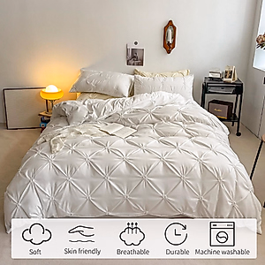 Rvciby Pinch Pleat Flower Duvet Cover Twin Size,Soft and Breathable Microfiber Bedding Set,2 Pieces,1 Duvet Cover with Zipper Closure & Corner Ties and 1 Pillow Shams,Easy Care,66 X 90 Inches (White)