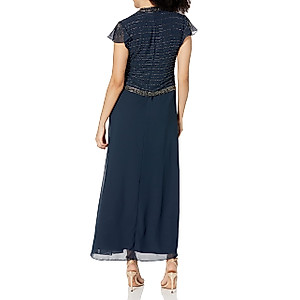 J Kara Women's Short Flutter Sleeve V-Neck Long Beaded Gown, Navy/Shaded/Mercury, 8