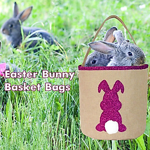 5 Pcs Easter Bunny Basket Bags, Canvas Easter Tote Bags for Kids Gift Bunny Ear Tote Bags Rabbit Ears Design Baskets for Kid's Egg Hunting Party Decoration Toys