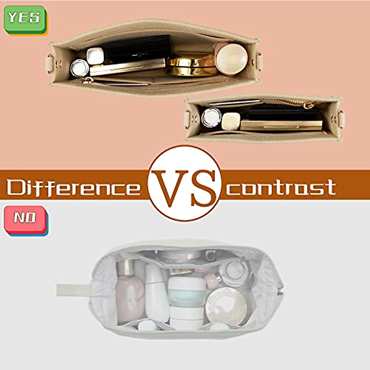 EsLuker.ly 2Pcs Felt Purse Organizer Insert with Zipper, Premium Microfiber Handbag Shaper Tote Bag Organiser Insert Fit Toiletry Pouch 26 19 - Large&Small, Khaki