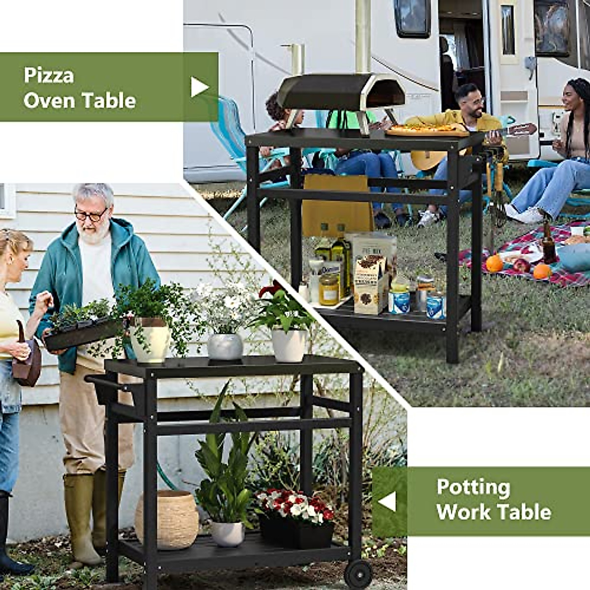 Outdoor Prep Dining Table,Movable Pizza Oven Stand, Stainless Steel Patio Bar Cart,Patio Grilling Backyard BBQ Grill Cart,Dark Gray Tabletop（Black）