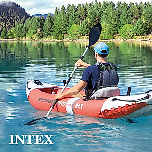 INTEX 68303EP Excursion Pro K1 Inflatable Kayak Set: Includes Deluxe 86in Kayak Paddles and High-Output Pump – SuperTough PVC – Adjustable Bucket Seat – 1-Person – 220lb Weight Capacity
