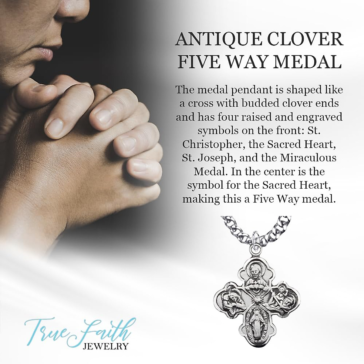 TrueFaithJewelry Sterling Silver 4 Way Medal Cross Pendant Necklace Religious Jewelry, 7/8 Inch