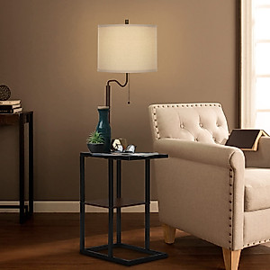 hykolity Floor Lamp W/ End Table and USB Charging Port, Modern Bedside Nightstand Lighting, Walnut Attached Side Table W/ Shelves for Living Room, Bedroom, Guest Room, Bulb Sold Separately