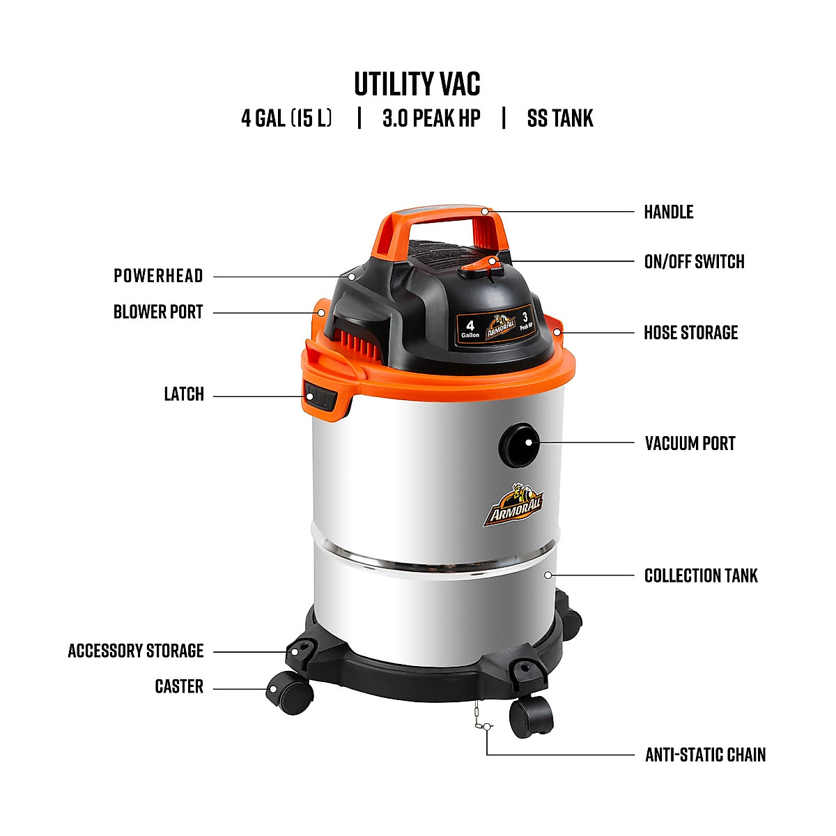 Armor All VO408S 0901 4 Gallon Wet/Dry Vac 3.0 Peak HP Shop Vacuum with 3 Nozzles and 1 Brush, Stainless Steel Tank, Orange