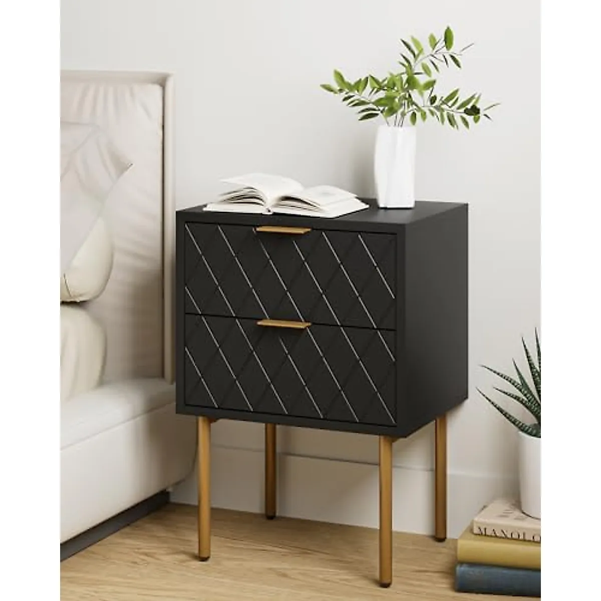 Aobafuir Night Stand, Modern Nightstand with Drawers, End Tables Living Room, Small Gold Side Table for Bedroom, Bedside Furniture (12-Black Diamond, 2 Drawer)