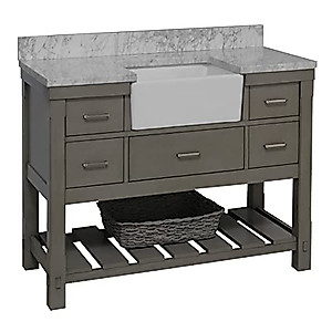 Charlotte 48-inch Bathroom Vanity (Carrara/Weathered Gray): Includes Weathered Gray Cabinet with Authentic Italian Carrara Marble Countertop and White Ceramic Farmhouse Apron Sink