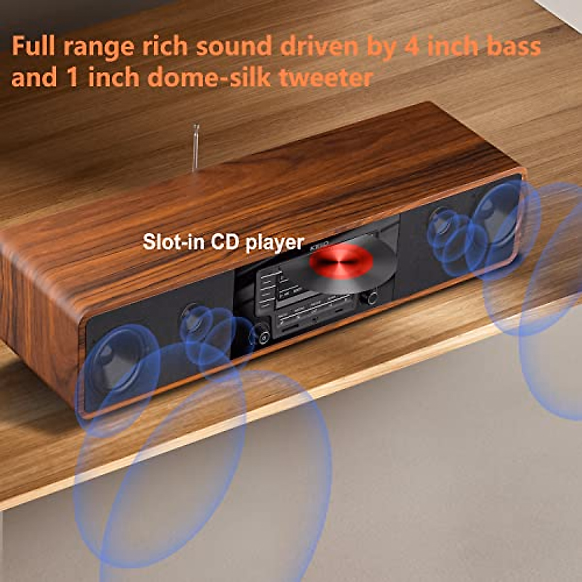 KEiiD CD Player for Home with Bluetooth Stereo System Wooden Desktop Speakers FM Radio USB SD AUX Remote Control, 28 Inch Long 20 Pounds Weight