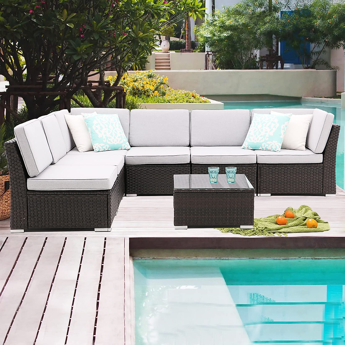 iArtHand Patio Sofa Set with Coffee Table Outdoor Sectional Sofa Set Patio Conversation Set Patio Furniture Sets All Weather Rattan Outdoor Sofa Set with Thickened Cushion