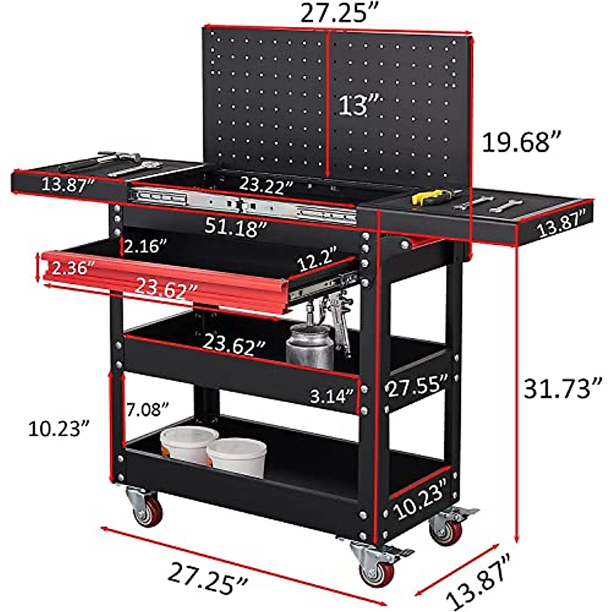 WIILAYOK Tool Cart, 3 Tier Rolling Tool Cart on Wheels with Storage Drawers & Sliding Top, Removable Pegboard, Industrial Service Utility Tool Cart for Mechanics, Garage, Workshop