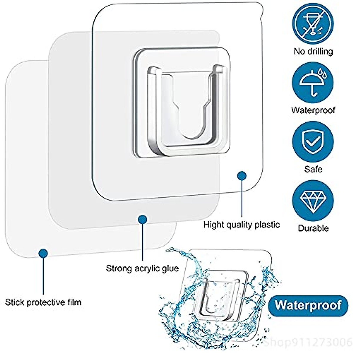 vilihkc 40pcs(20set) Double-Sided Self-Adhesive Wall Hooks Heavy Duty Hooks Multi-Purpose Transparent Adhesive Hooks for Bathroom and Kitchen, Waterproof and Oil-Proof 13.2lb/6kg(Max)