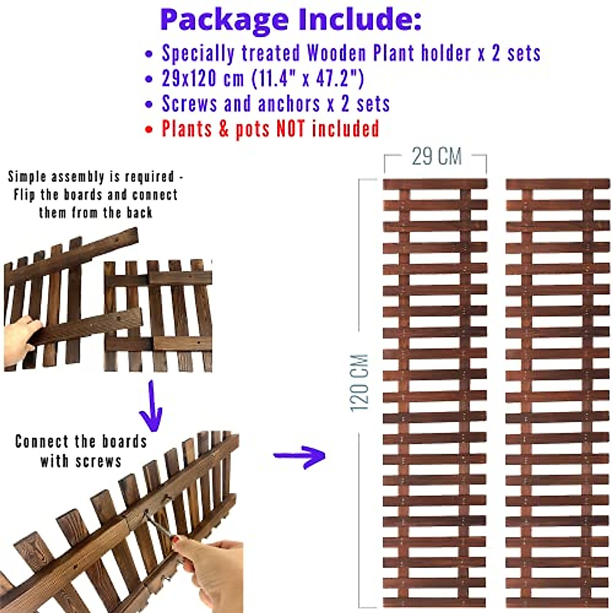 ShopLaLa Wall Planter - 2 Pack, Wooden Hanging Large Planters for Indoor Outdoor Plants, Live Vertical Garden, Plant Wall Mount Flower Pot Holder Hanger Stand Green Herb Wall Decor 47.2" (120cm)