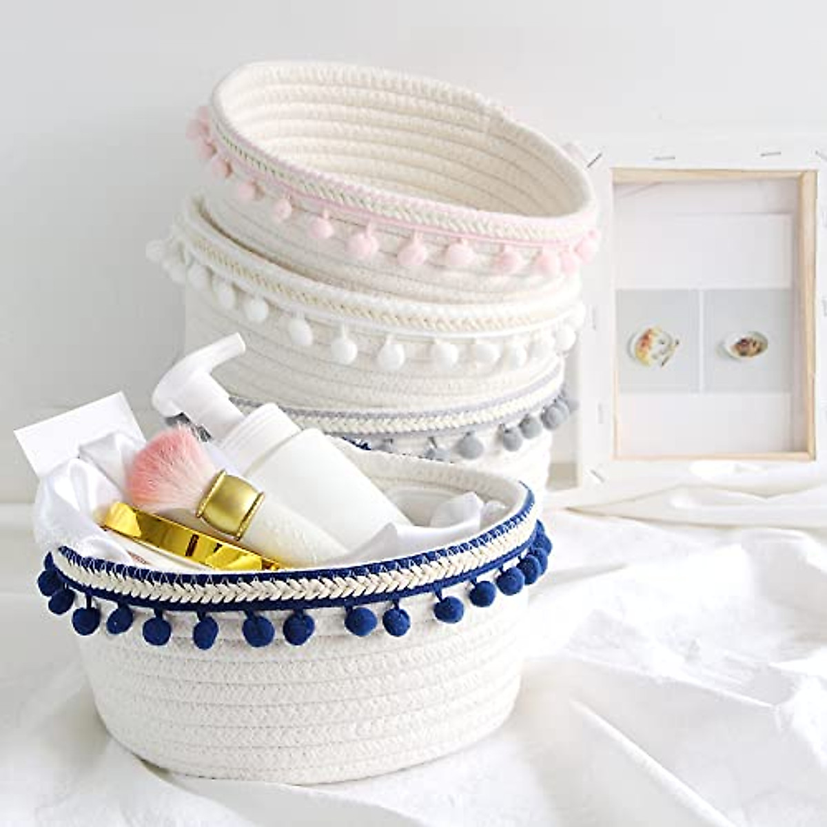 PHEZEN Cotton Rope Basket Bins, Small Woven Storage Baskets for Toy Storage Snacks Clothes Cosmetic Fruits Books Sundries Soft Storage Bins, Boho Woven Storage Baskets Decor Pink (20.5cm x 9.5cm)