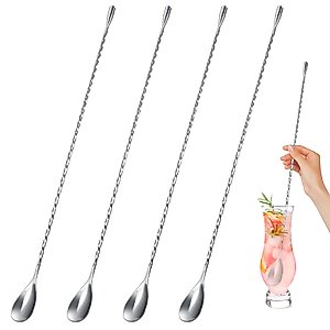Roshtia 4 Pcs 15.7 Inches Bar Spoon Stainless Steel Cocktail Stirrer Mixing Spoon Spiral Pattern Bar Spoon for Cocktail Shaker Tall Cups