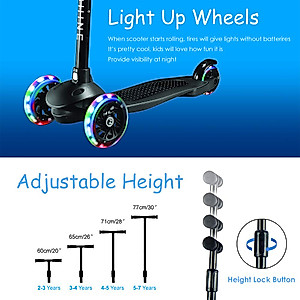 Toddler Scooter for Kids 3 Wheels Scooter for Boys Girls Kick Scooter with PU Flashing Wheels, Adjustable Height, Lean to Steer,Fits Children Ages 2-5 Years Old, Black