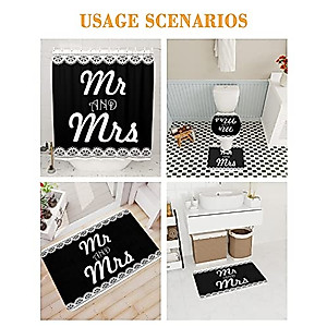 MUSEDAY 4 Pcs Shower Curtain Set Wedding Bathroom Decor Sets with Non-Slip Rugs, Toilet Lid Cover & Bath Mat Waterproof Curtains for Bathroom, Lace Pattern with Words Mr and Mrs