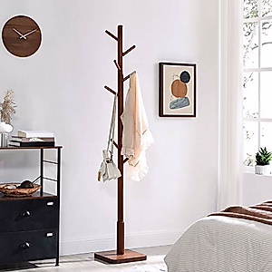VASAGLE Solid Wood Coat Rack, Free Standing Hall Coat Tree with 8 Hooks, 3 Height Options, for Coats, Hats, Bags, Purses, for Entryway, Hallway, Rubberwood Hooks and Pole, Dark Walnut URCR010W01