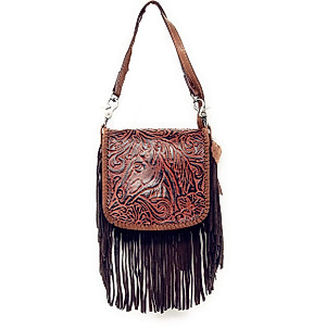 Texas West Western Genuine Leather Tooled Horse Fringe Women's Crossbody Bag in 2 colors (Brown)