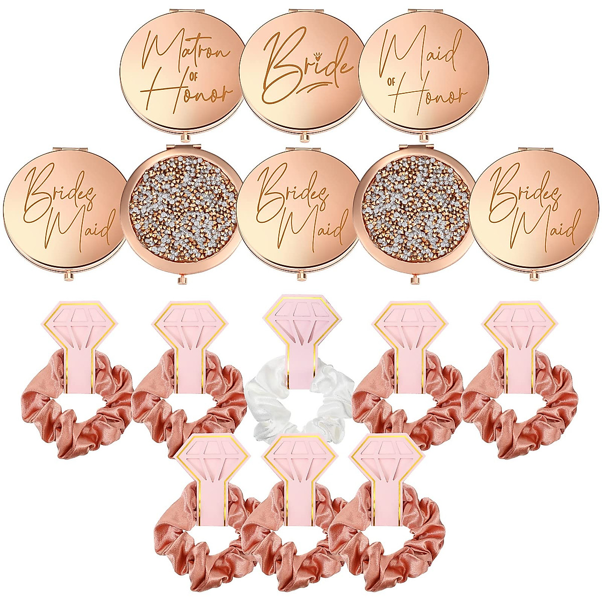 16 Pcs Proposal Gifts Set Compact Pocket Mirrors Bride Maid of Honor Matron of Honor Bridesmaid Diamond Makeup Mirrors with Hair Scrunchies for Wedding Bachelorette Bride Shower Party Bridesmaid Gifts