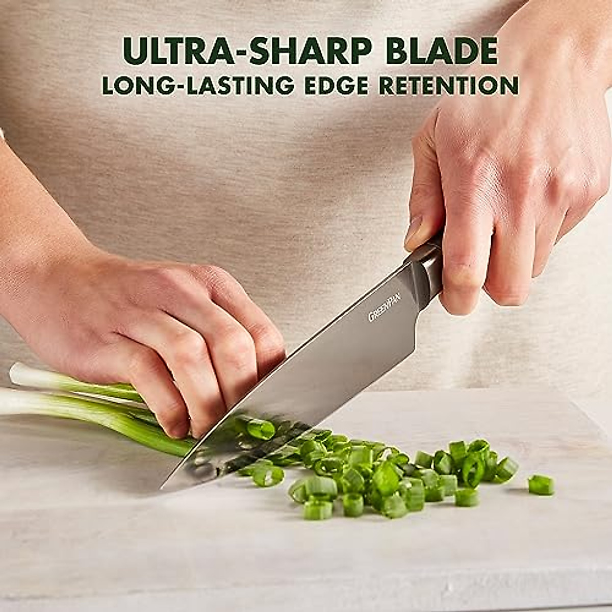 GreenPan Cutlery Knife and Cutting Board 3 Piece Set, Stainless Steel Titanium Coated Blades, Ergonomic Slip-Resistant Handles, 8” Chef’s and 5” Serrated Knife, 11” x 14” Acacia Wood Board, Gray