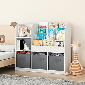 AOCOROE Kids Bookshelf, Wooden Bookcase, Toy Storage Cabinet Organizer with 4-Tires Bookshelf, Book Organizer with 3 Collapsible Fabric Drawers
