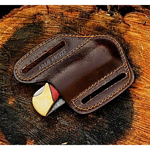 ADAM KNIVES Leather Pocket Knife Sheath For Belt, Slanted Sheath, Tooled Leather Sheath, Beautiful Folding/Trapper Knife Leather Cover 100% Real Leather (Dark Brown)