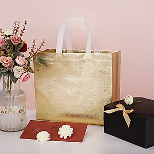 Rikkmte 12Pcs Reusable Gift Bags,Gold Glossy Tote Bags with Handle,Glossy Finish Grocery Bag,Non-woven Shopping Bags,Foldable Bridesmaids Bags Gift Bags for Women Bridesmaid Wedding Birthday Party