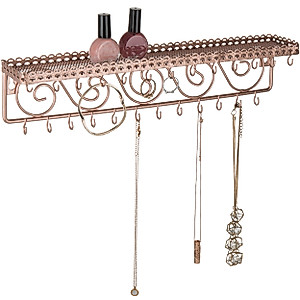 MyGift Rose Gold-Tone Metal Wall Jewelry Holder Organizer and Cosmetics Shelf Rack with 25 Necklace Hooks