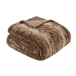 Madison Park Zuri Soft Plush Luxury Oversized Faux Fur Throw Animal Stripes Design, Faux Mink On The Reverse, Modern All Seasons Blanket for Bed, Sofa Couch, Office, Tan, 60x70"